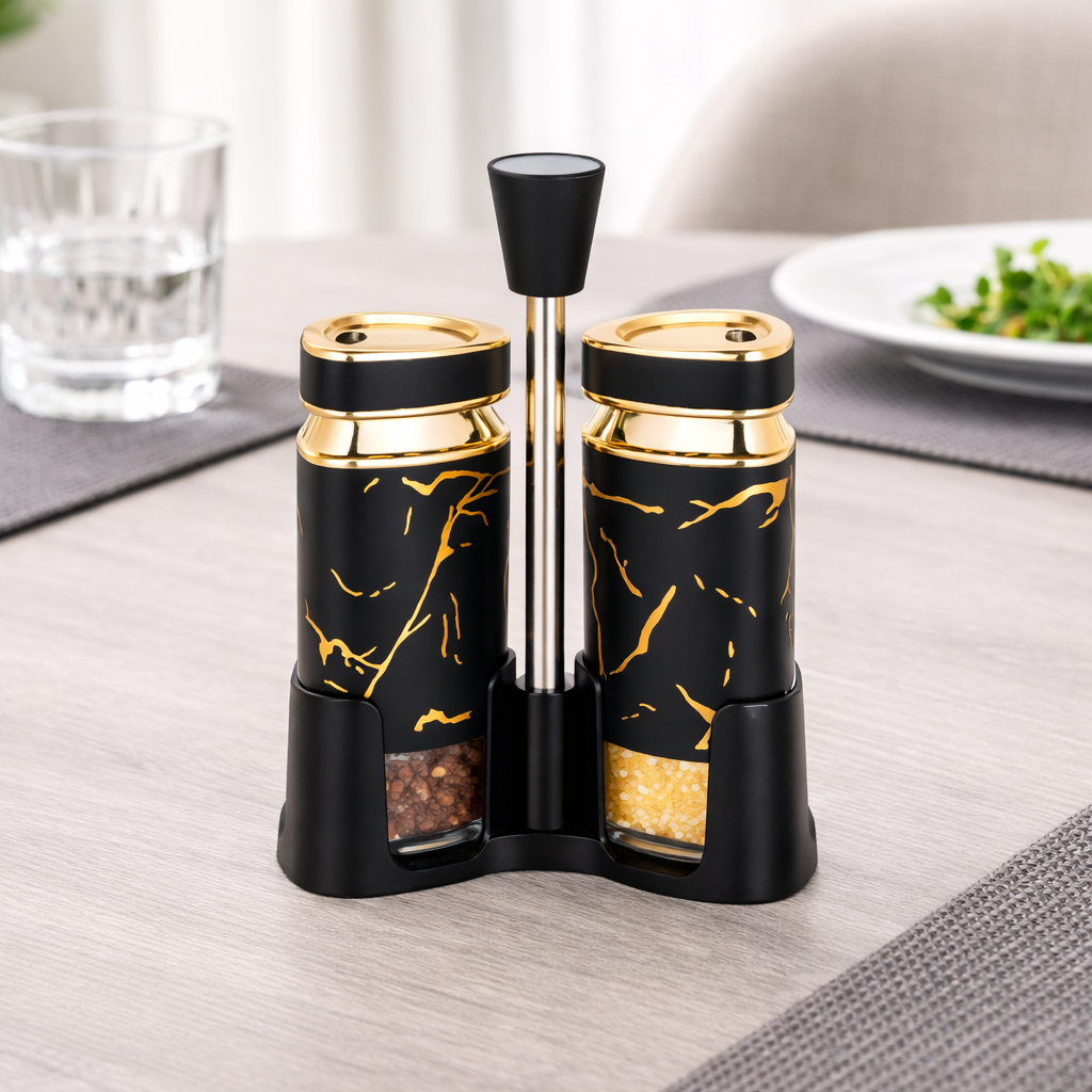 Luxury Black & Gold Salt & Pepper Shaker Set with Stand – HomeLux