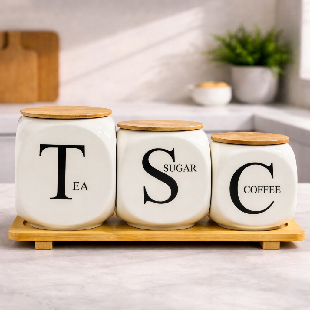 Modern Ceramic Tea Coffee Sugar Storage Jar Set with Bamboo Tray – HomeLux