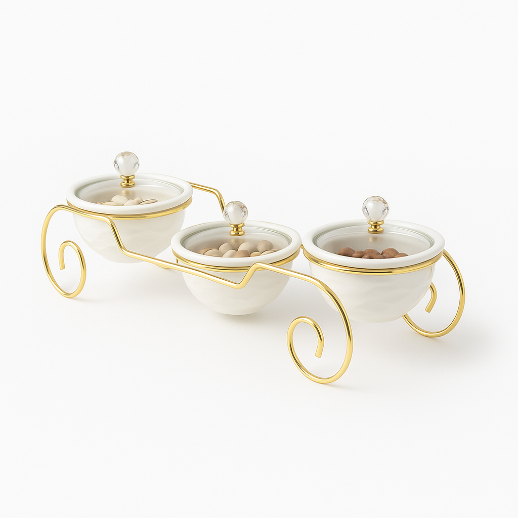 White & Gold 3-Piece Condiment Bowl Set with Stand – HomeLux